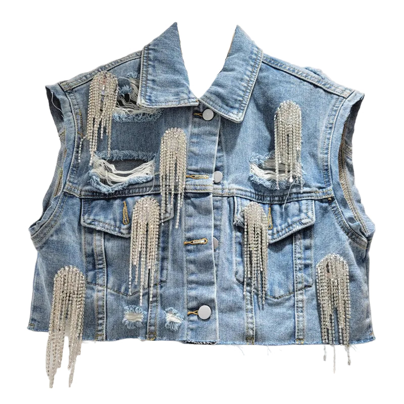 Crystal Drip Denim Vest Set